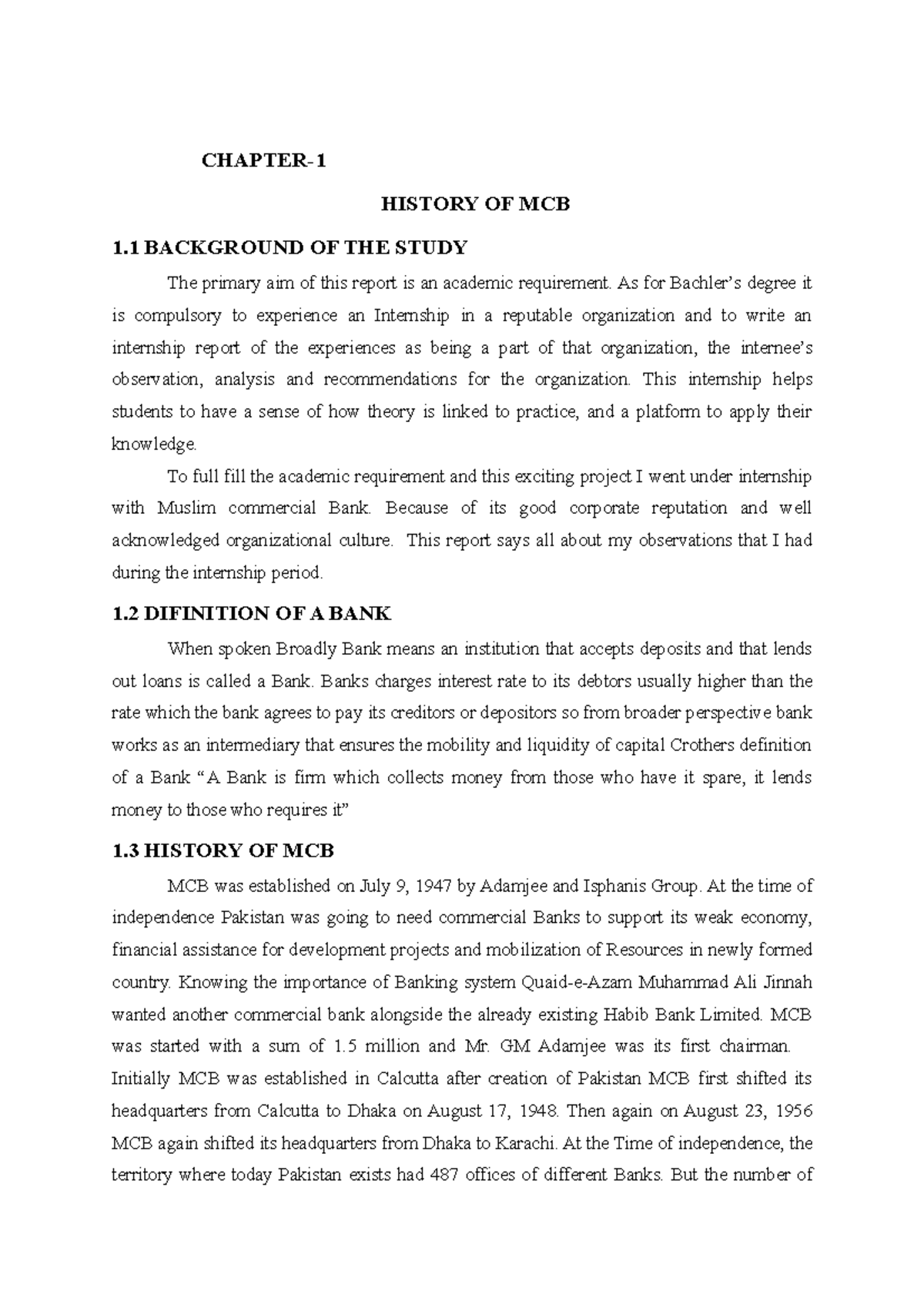 Kirman MCB Internship Report - CHAPTER- HISTORY OF MCB 1 BACKGROUND OF ...