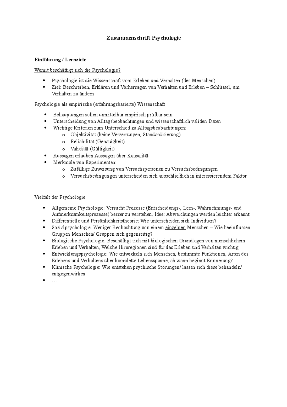 Zusammenschrift Psychologie - Zusammenschrift Psychologie Einführung / Lernziele Womit ...