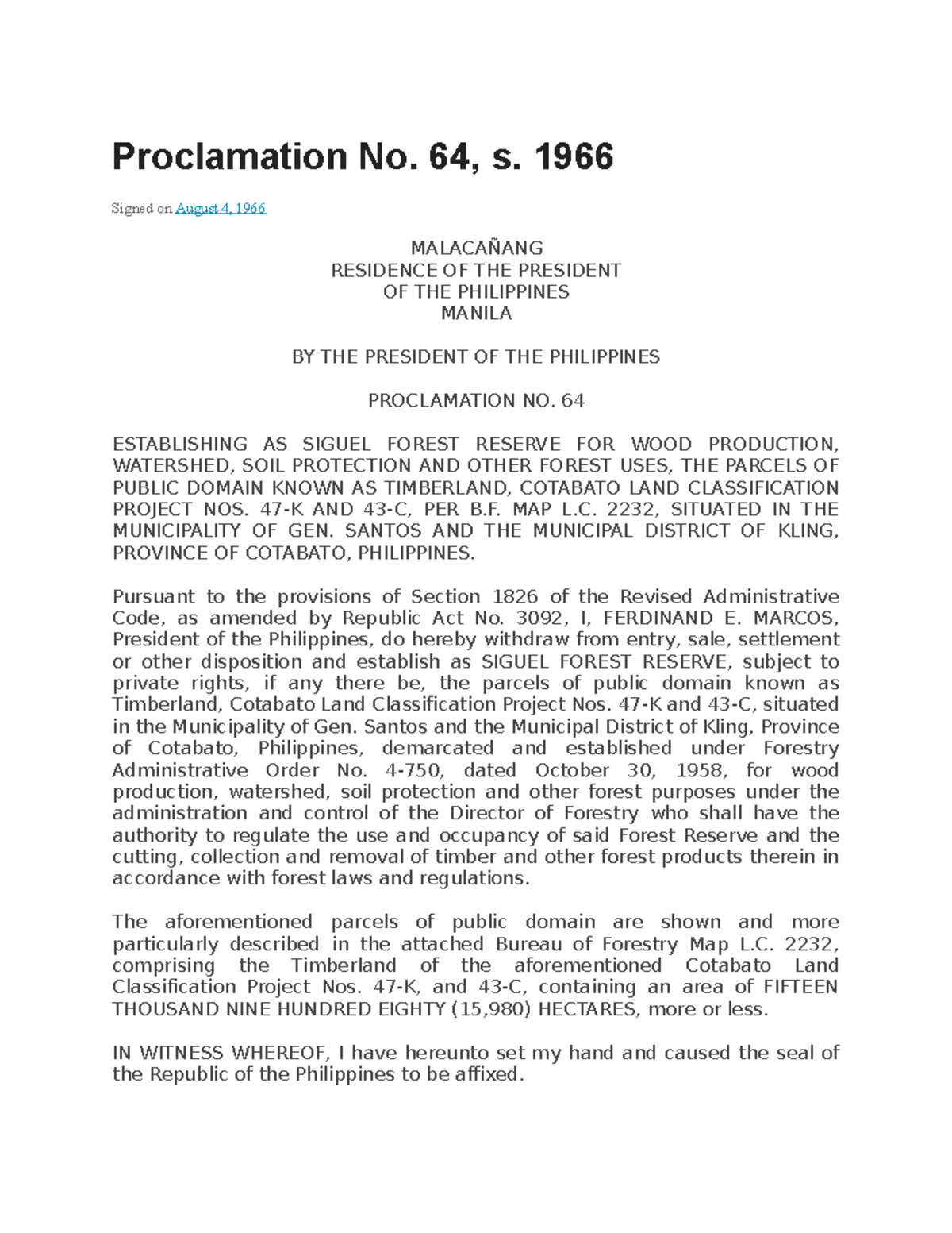Proclamation NO. 64 Siguel Forest Reserve - Proclamation No. 64, s ...