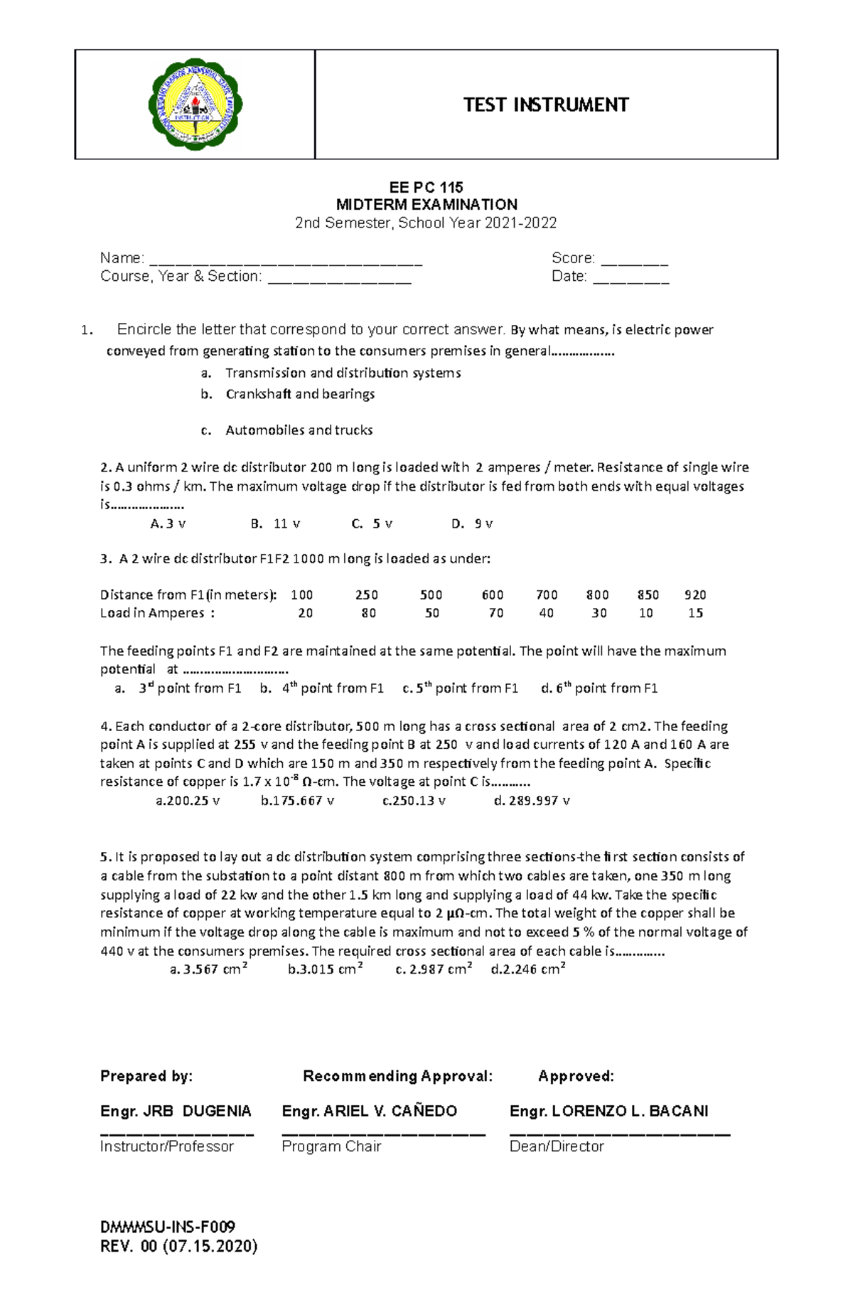 EE PC 115 Midterm Exam - Copy - TEST INSTRUMENT EE PC 115 MIDTERM ...
