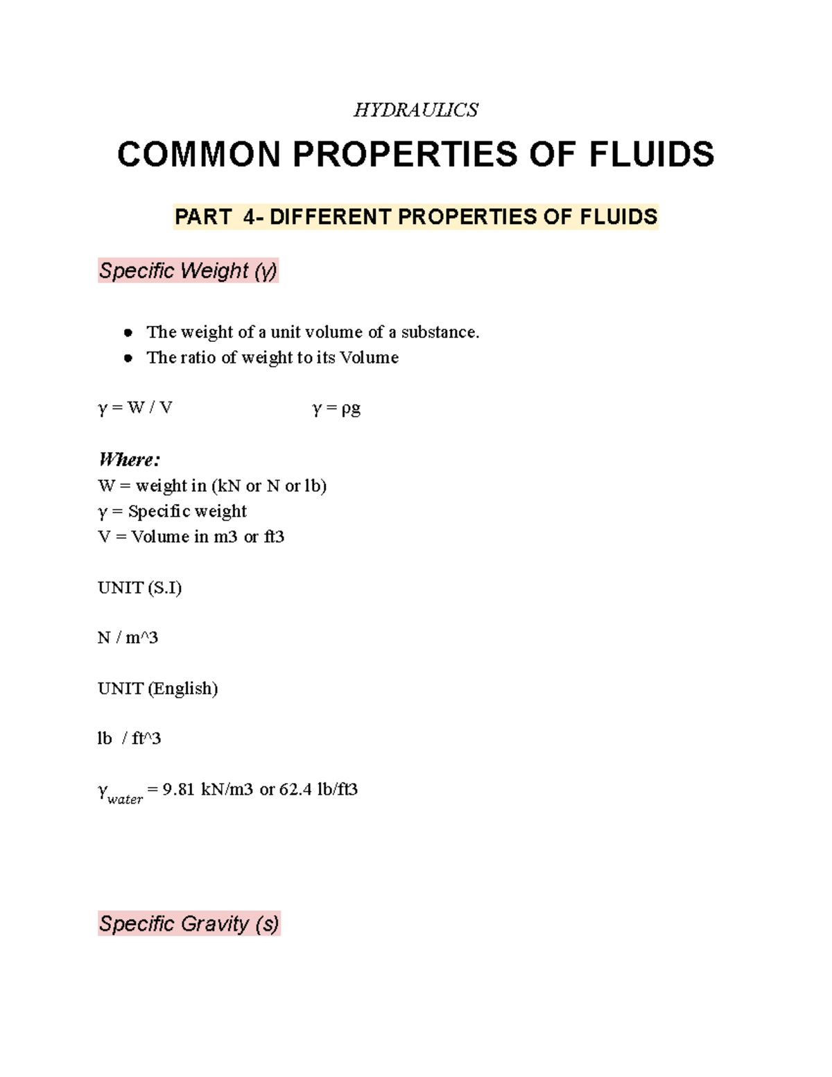PART 4 - Hydraulics - Common Properties OF Fluids - HYDRAULICS COMMON ...