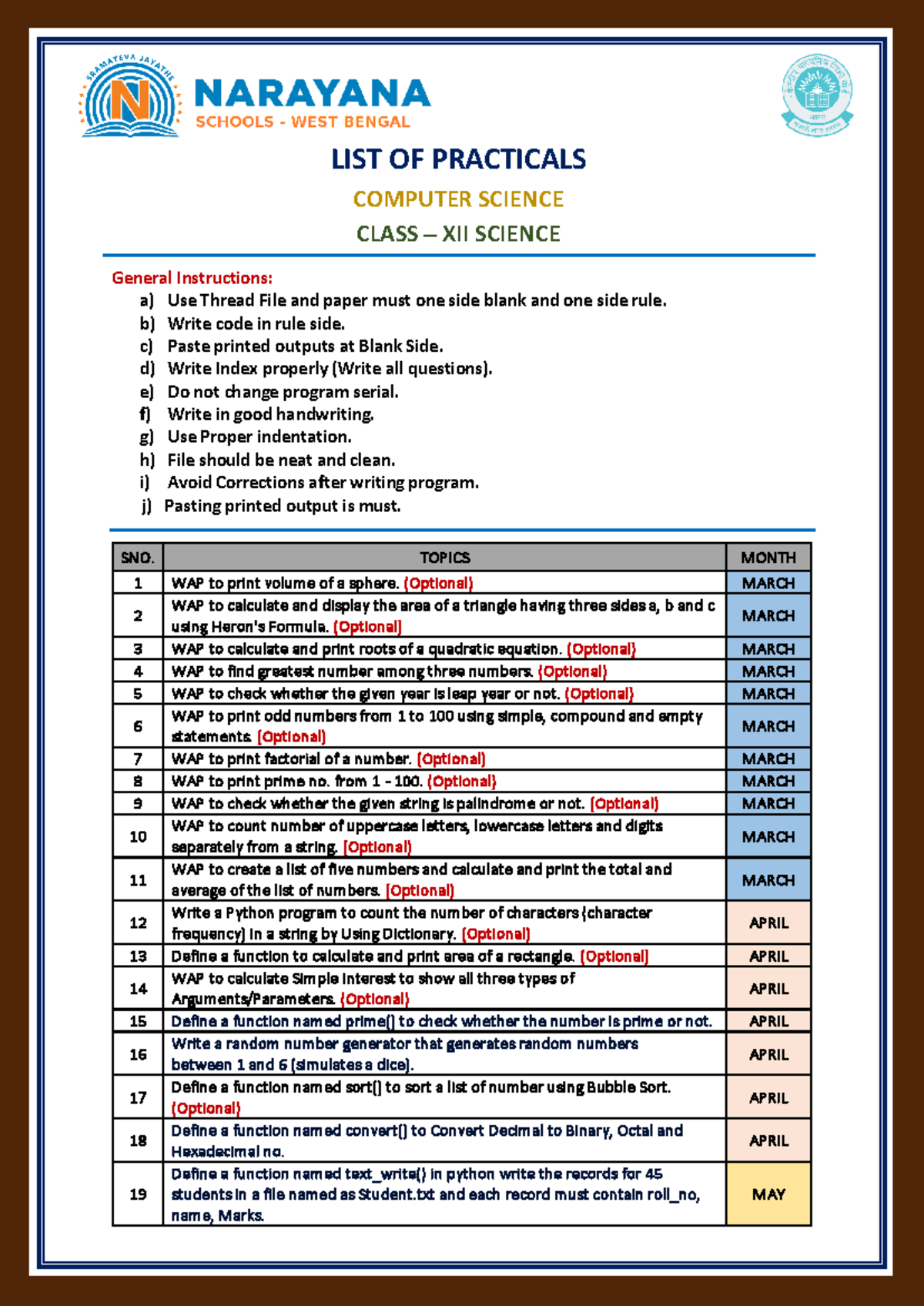 List Of Practicals Class Xii List Of Practicals Computer Science