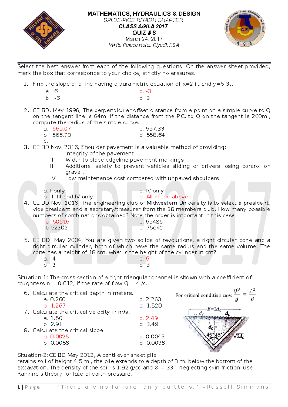QUIZ#6 Splbe-2017 - For CE Board Exam. - MATHEMATICS, HYDRAULICS ...