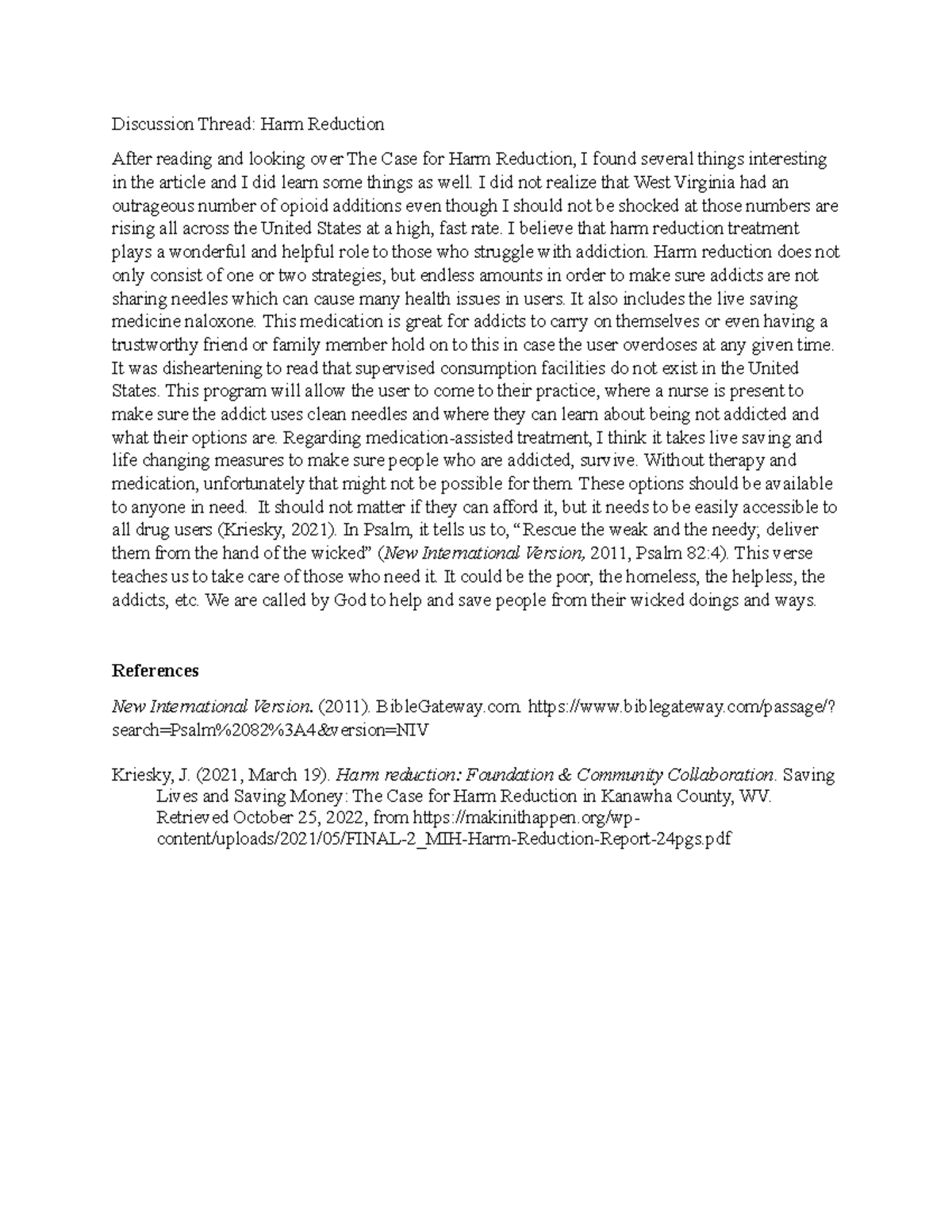 Discussion Thread Harm Reduction PSYC 305 - Discussion Thread: Harm ...