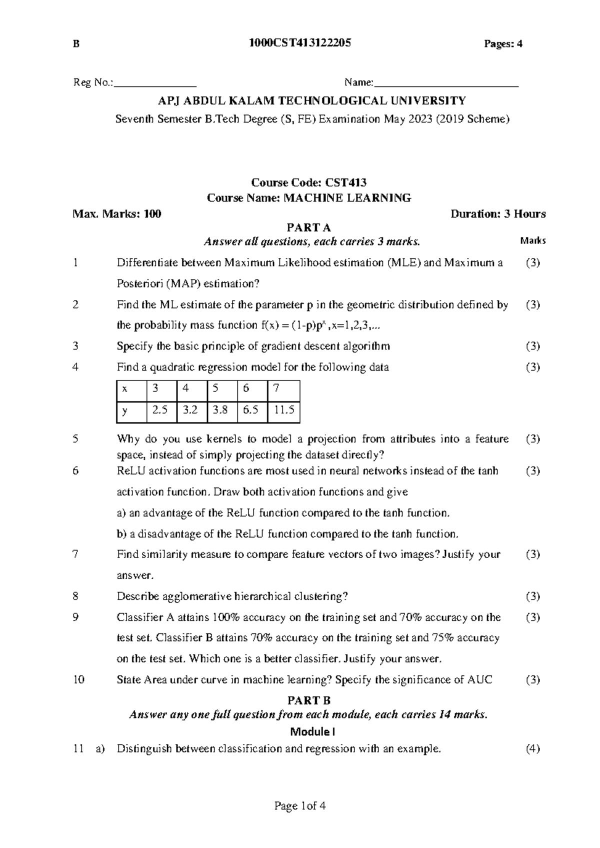 Cst413 Qp Machine Learning 1000cst Course Code Cst Course Name Machine Learning Max Marks 7949