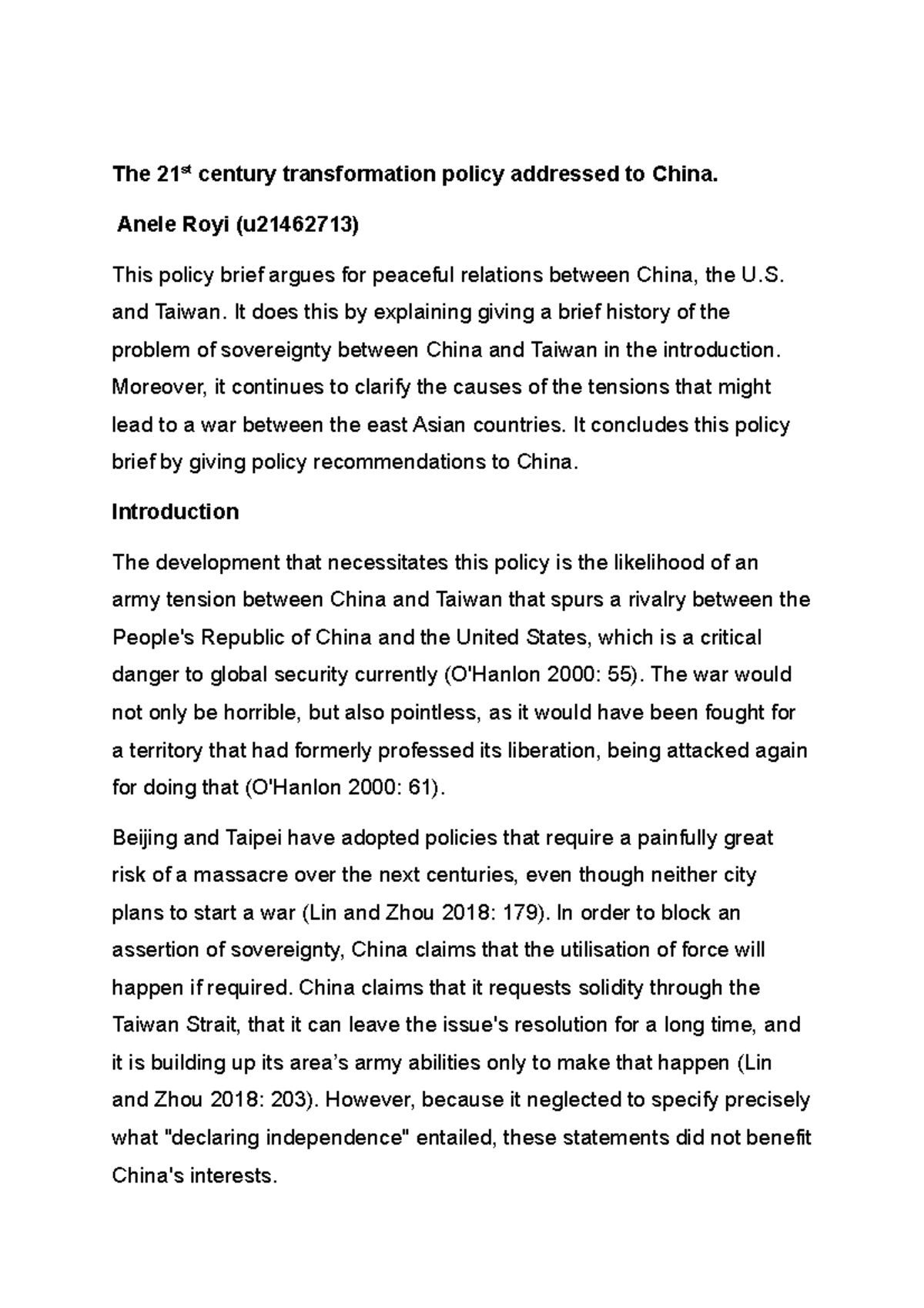 IPL 320 - assignment - The 21st century transformation policy addressed ...