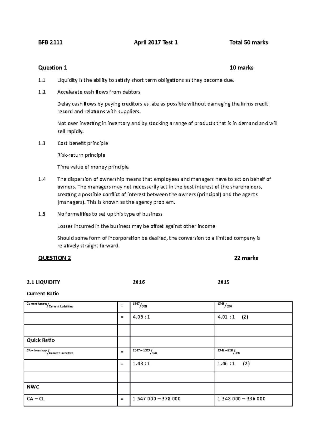 BFB 2111 Test 1 memo 2017 - BFB 2111 April 2017 Test 1 Total 50 marks ...