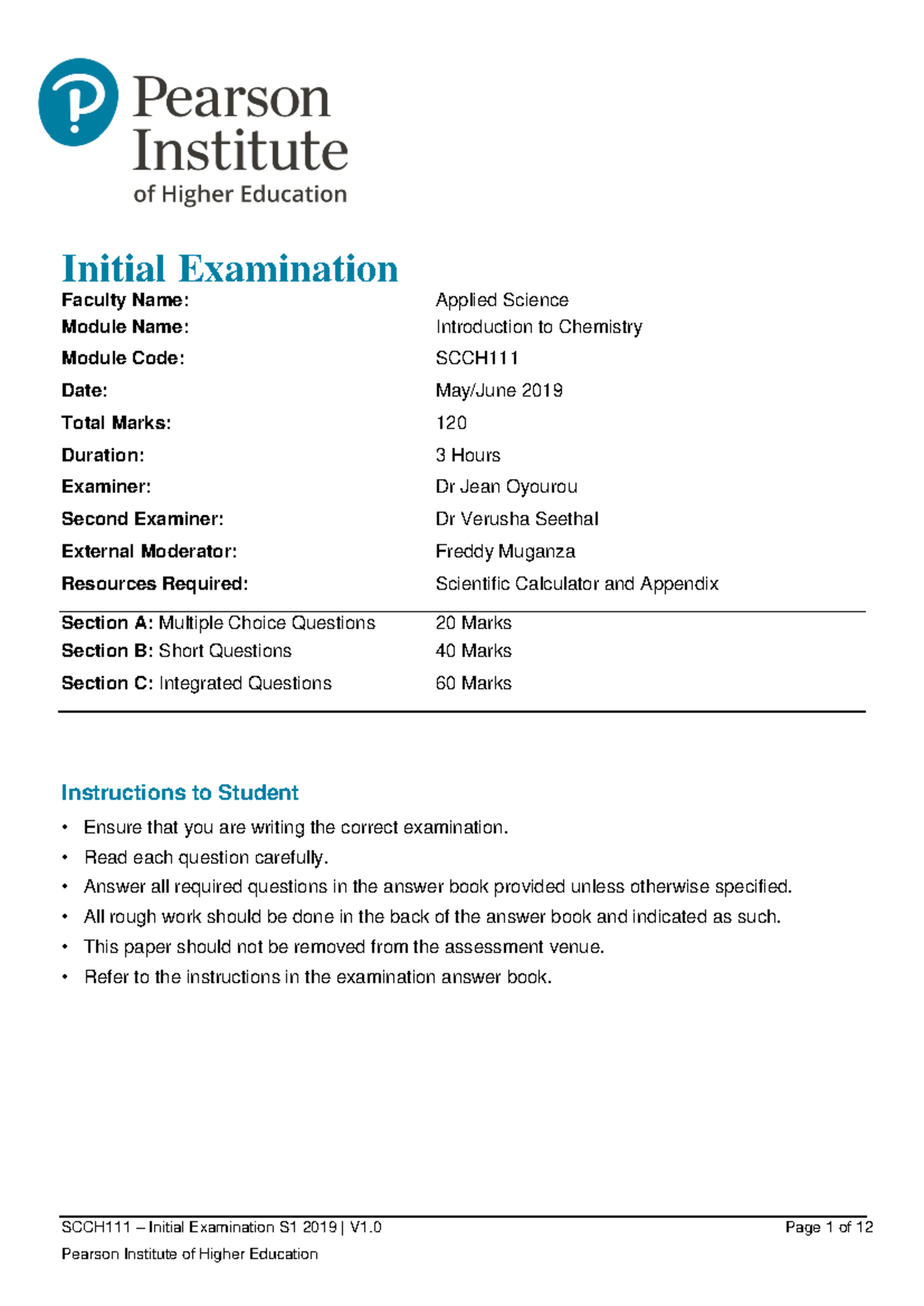 2019 SCCH111 - Initial Exam Paper - SCCH111 – Initial Examination S1 ...