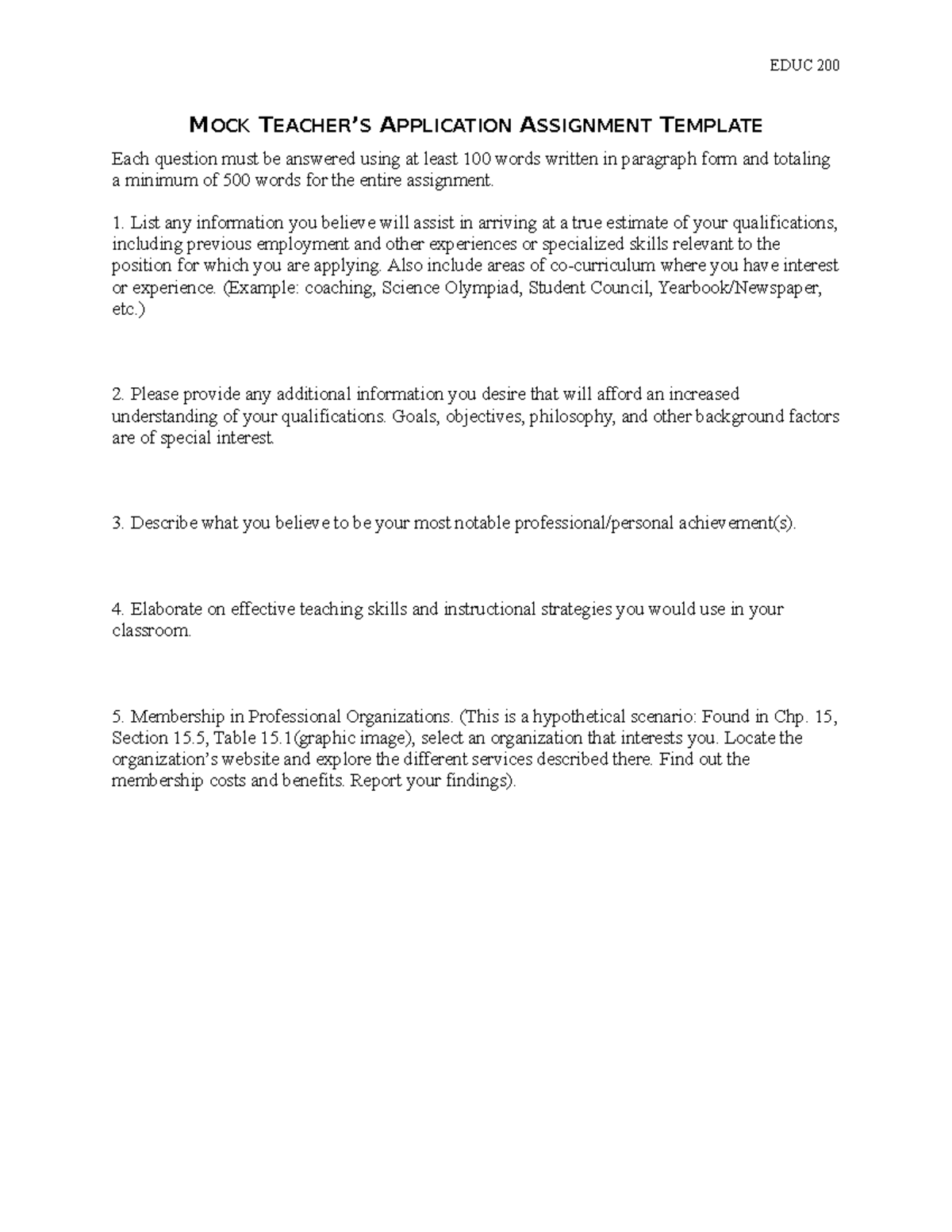 Teachers Application - EDUC 200 MOCK TEACHER’S APPLICATION ASSIGNMENT ...