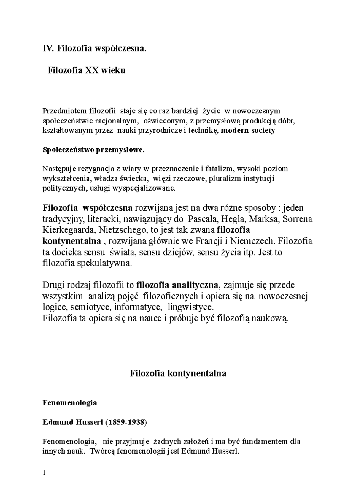 Filozoifa kontynentalna - IV. Filozofia współczesna. Filozofia XX wieku ...