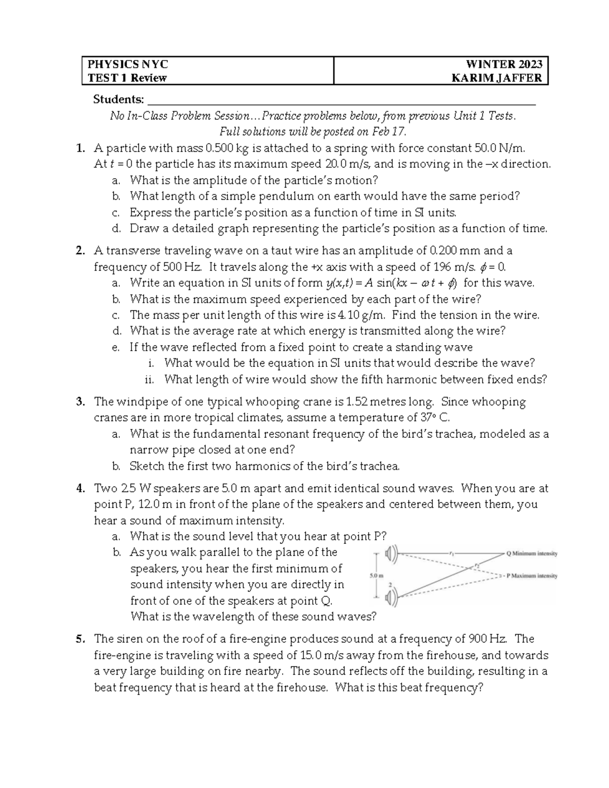 NYCReview 1 - PHYSICS NYC TEST 1 Review WINTER 20 23 KARIM JAFFER ...