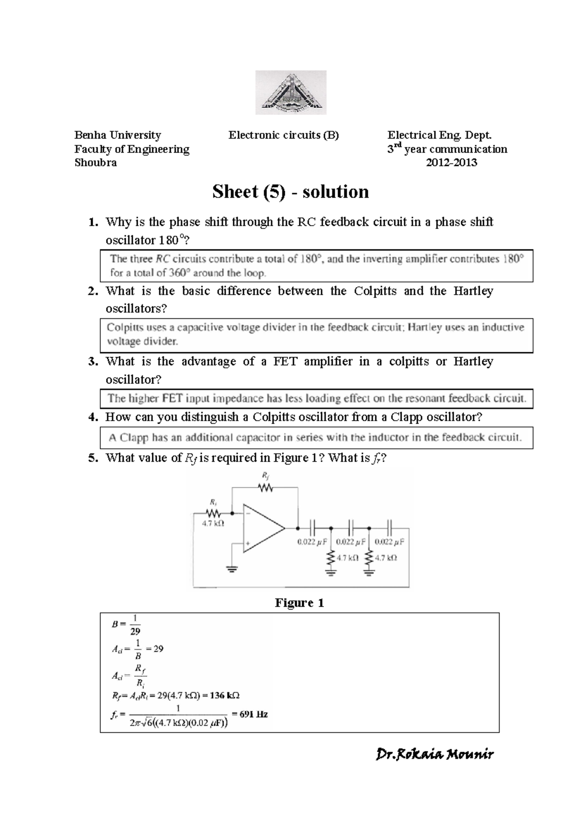 Sheet 5-solution - Practice problems related to Electronics circuit analysis. - Dr Mounir Benha ...