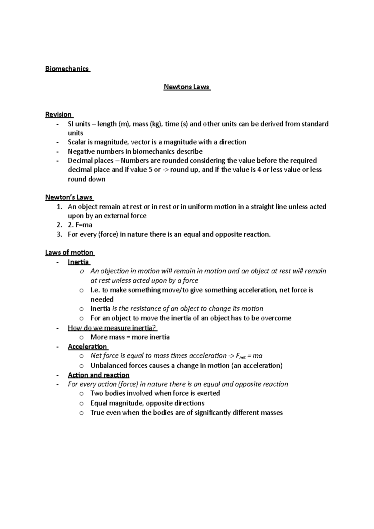 Biomechanics - Lecture 2 - Newtons forces - Biomechanics Newtons Laws ...