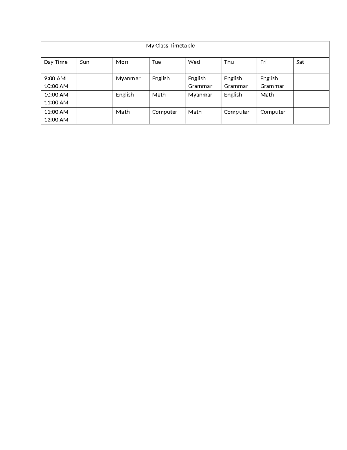 Day Time - Cell biology - My Class Timetable Day Time Sun Mon Tue Wed ...