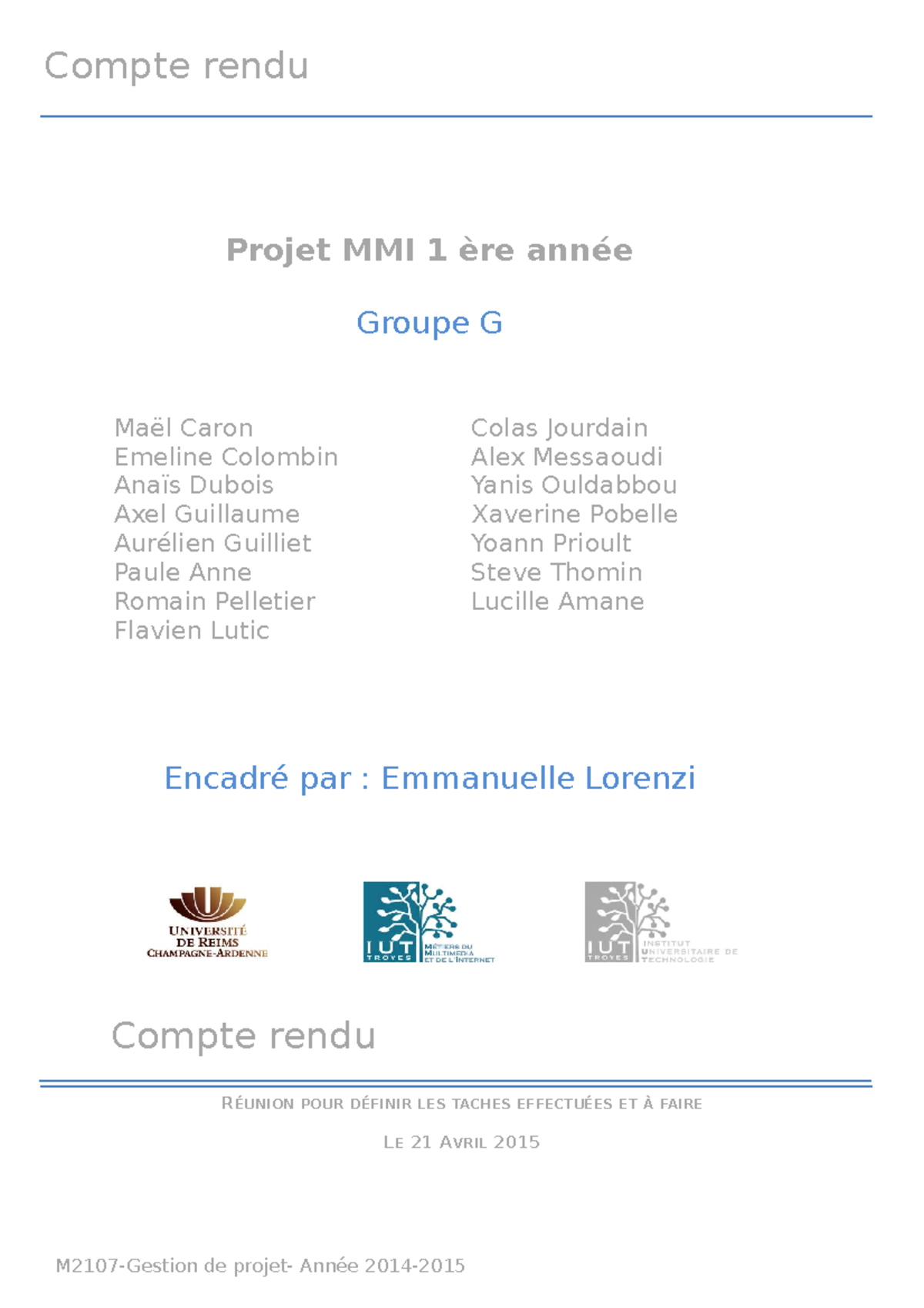 2015 04 21 compterendu groupe G - Compte rendu Projet MMI 1 ère année ...