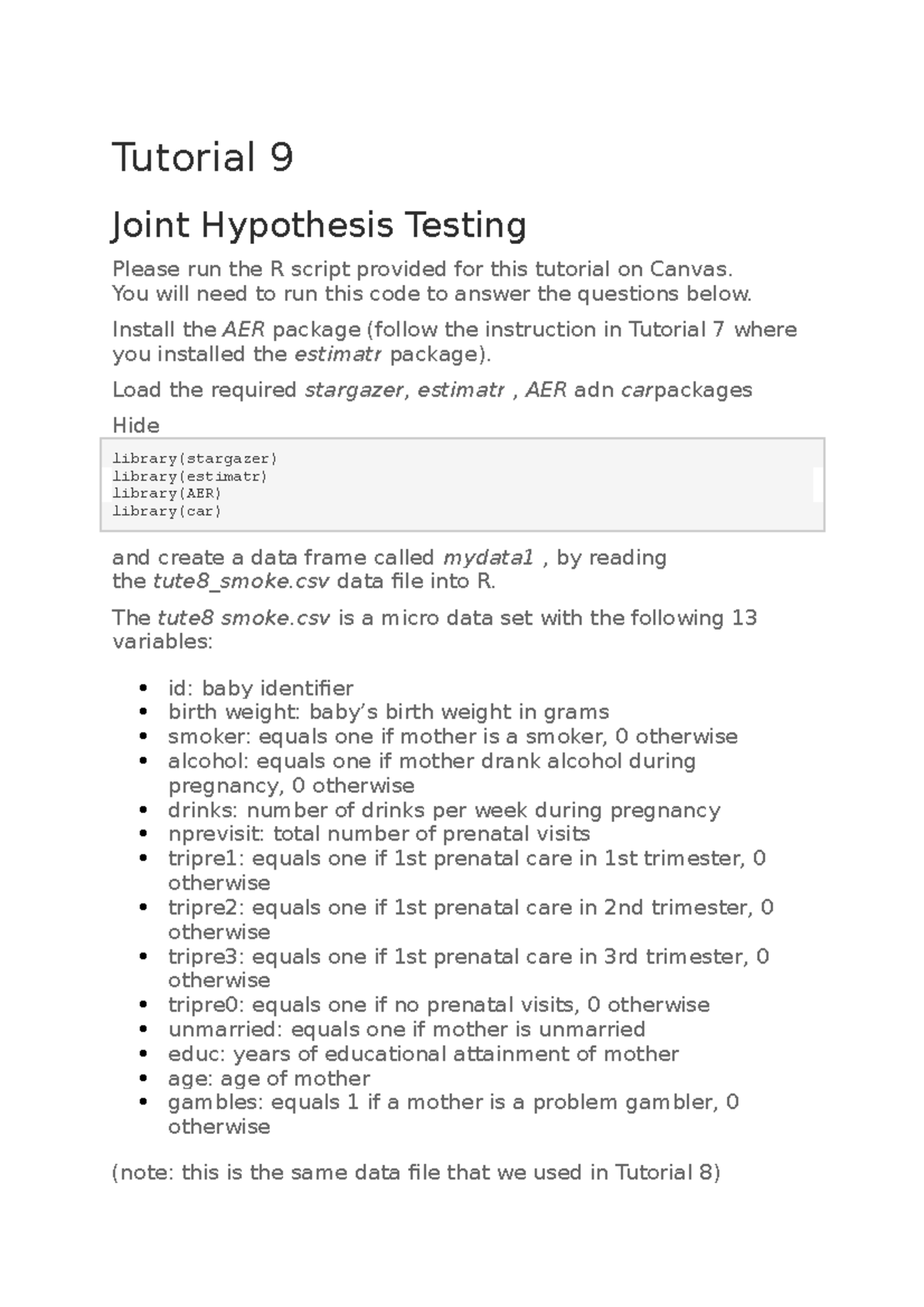 Tutorial 9 Solution For week 9 - Tutorial 9 Joint Hypothesis Testing ...