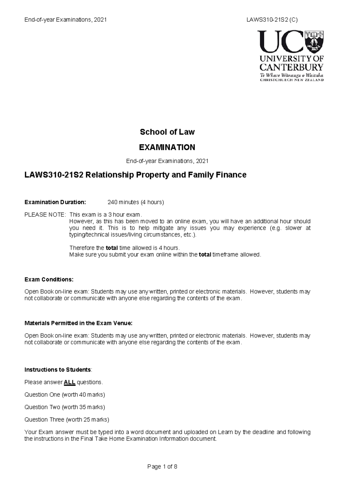 LAWS310-2021Eo Y - Exam - School of Law EXAMINATION End-of-year ...