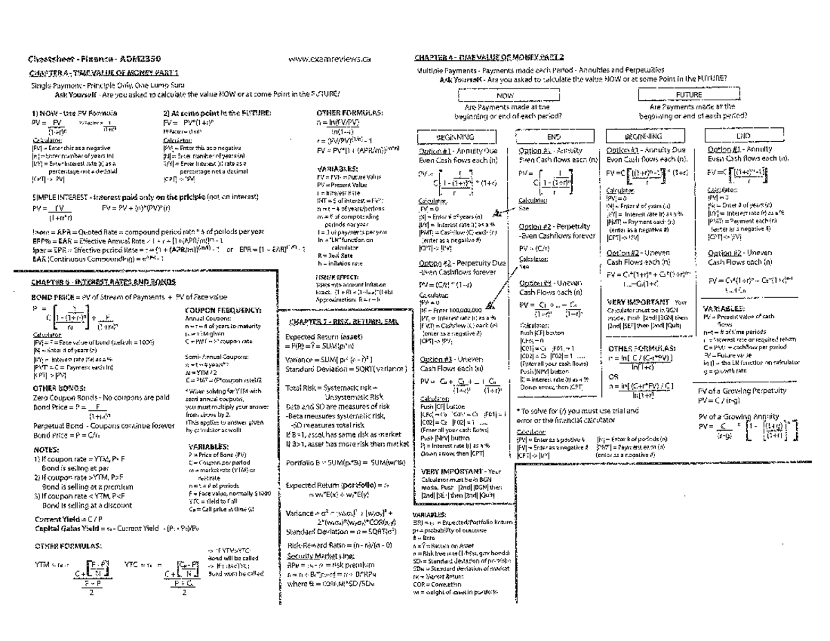 Finance Cheat-Sheet Final - ADM2350 - Studocu