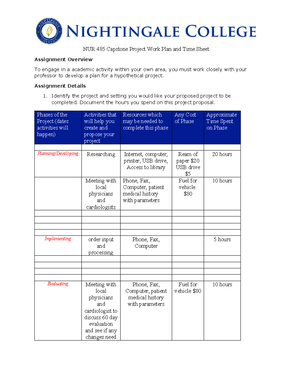 BSN485 Work Plan & Time Sheet wk 4 - NUR 485 Capstone Project Work Plan and Time Sheet ...