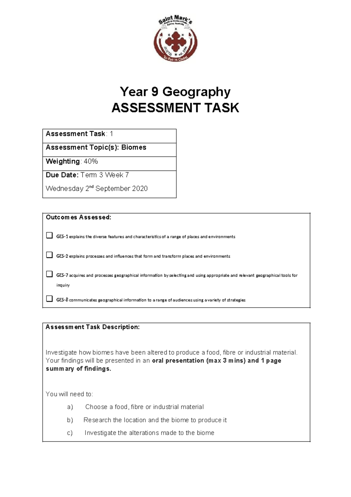 2020 Yr 9 Geo Task 1 (1) (1) - Year 9 Geography ASSESSMENT TASK ...