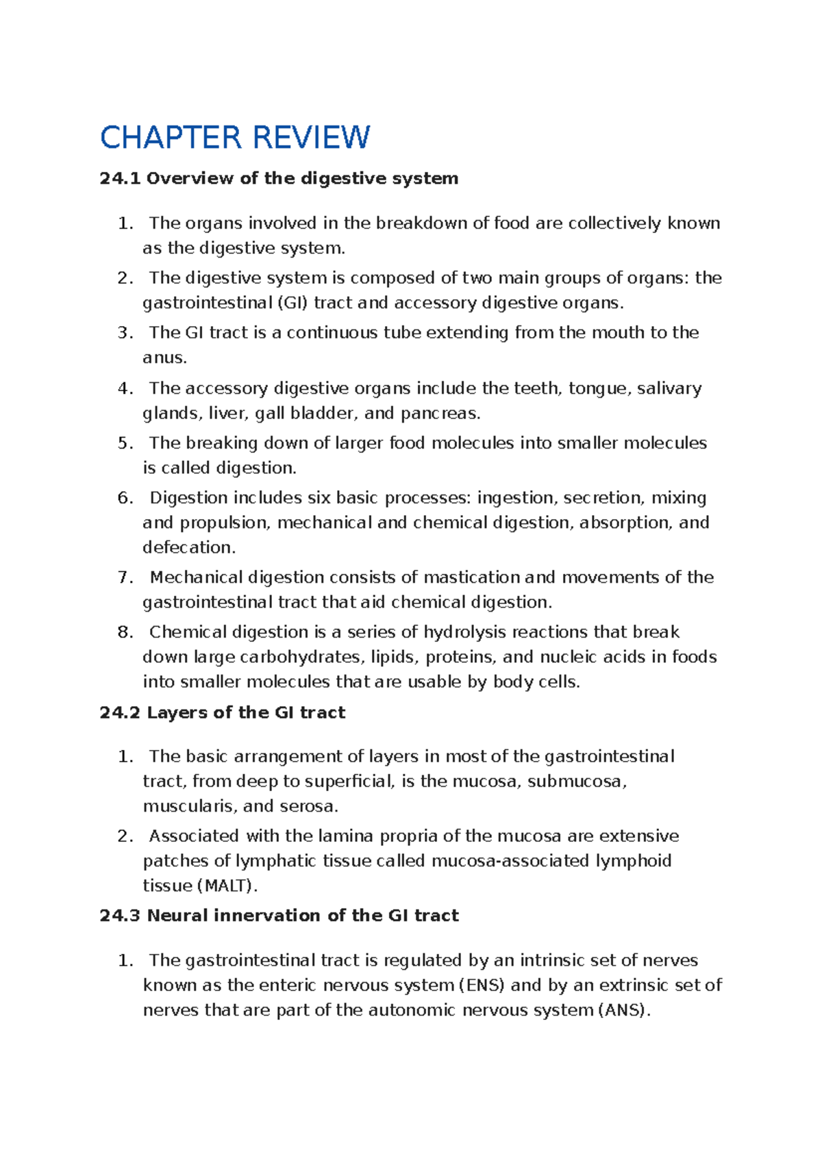 Digestive System Chapter Review - CHAPTER REVIEW 24 Overview of the ...