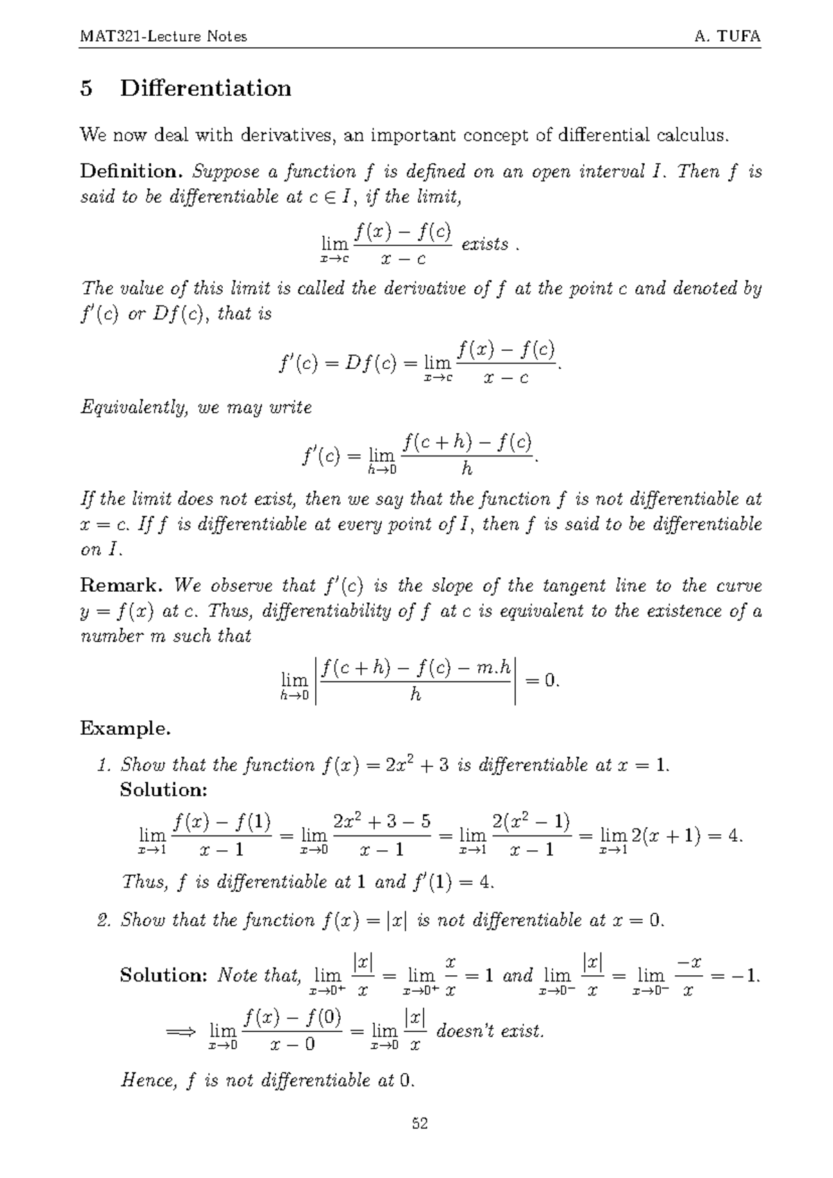 Math 321 Lecture note-52-59 - 5 Differentiation We now deal with derivatives, an important ...