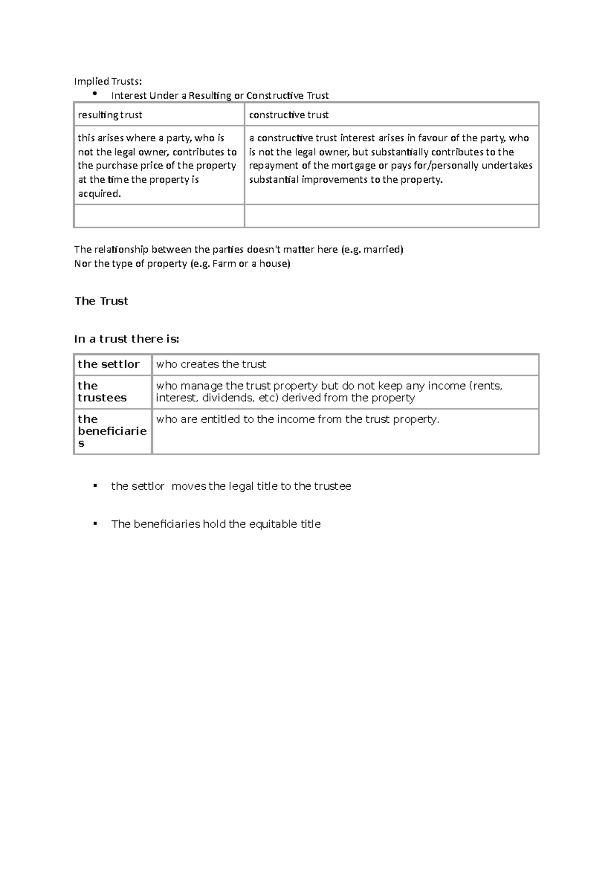 Trusts - Implied Trusts: resulting trust and constructive trust - Implied Trusts: Interest Under ...