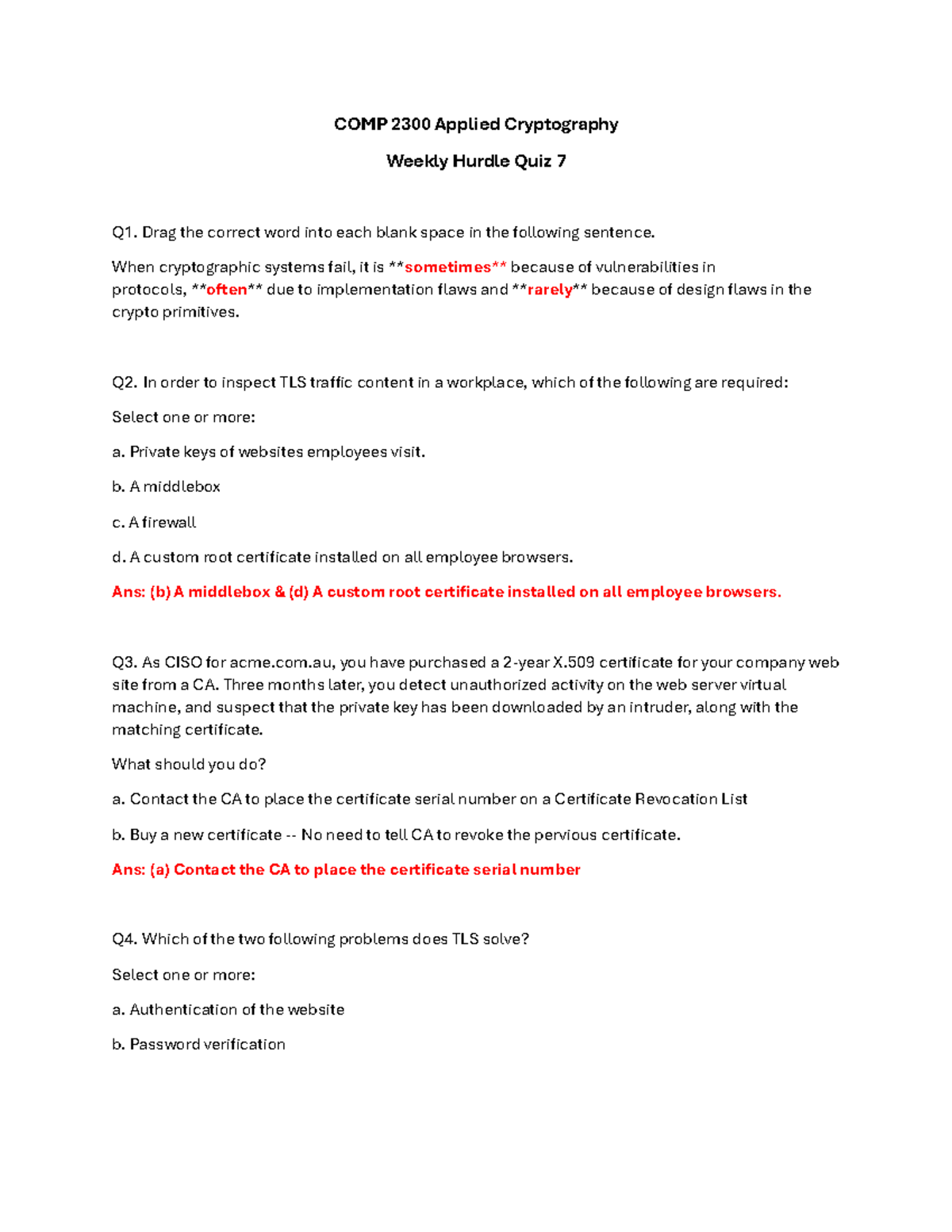 COMP2300 Week 7 Quiz - COMP 2300 Applied Cryptography Weekly Hurdle Quiz 7 Q1. Drag the correct ...