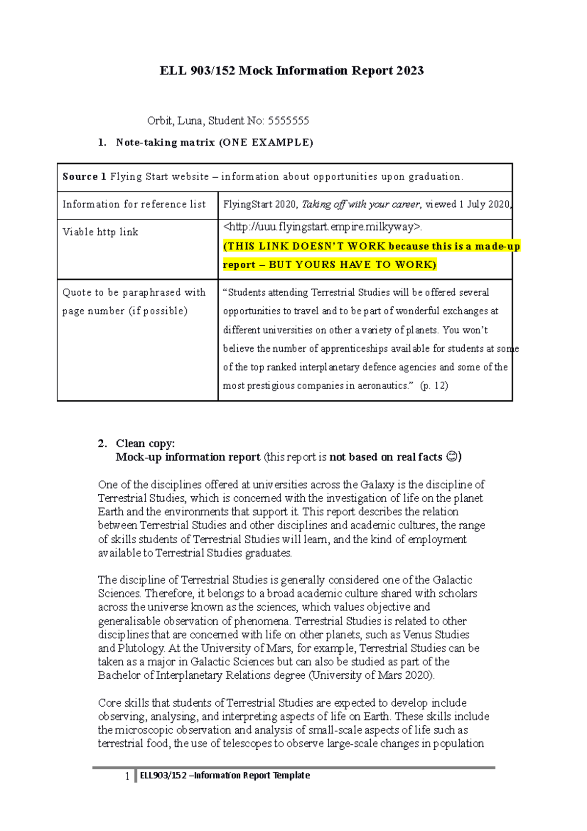 Mock Info Report Spring 2023 - Orbit, Luna, Student No: 5555555 Note-taking matrix (ONE EXAMPLE ...