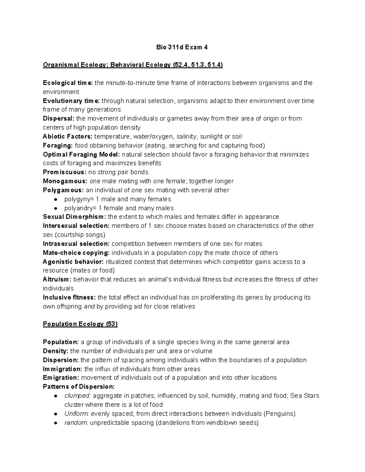 Bio 3lld Exam 4 - Lecture notes Final Unit - Bio 311d Exam 4 Organismal ...