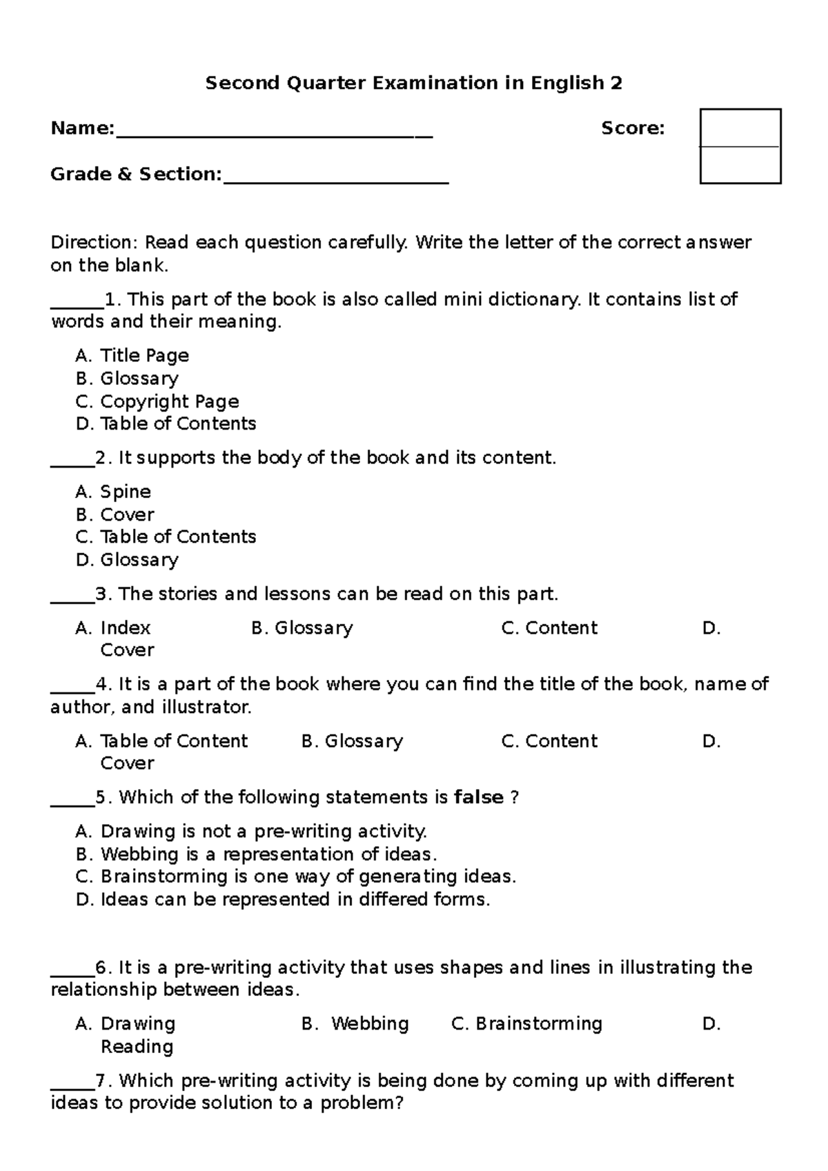 English-2ND Quarter EXAM - Second Quarter Examination in English 2 ...