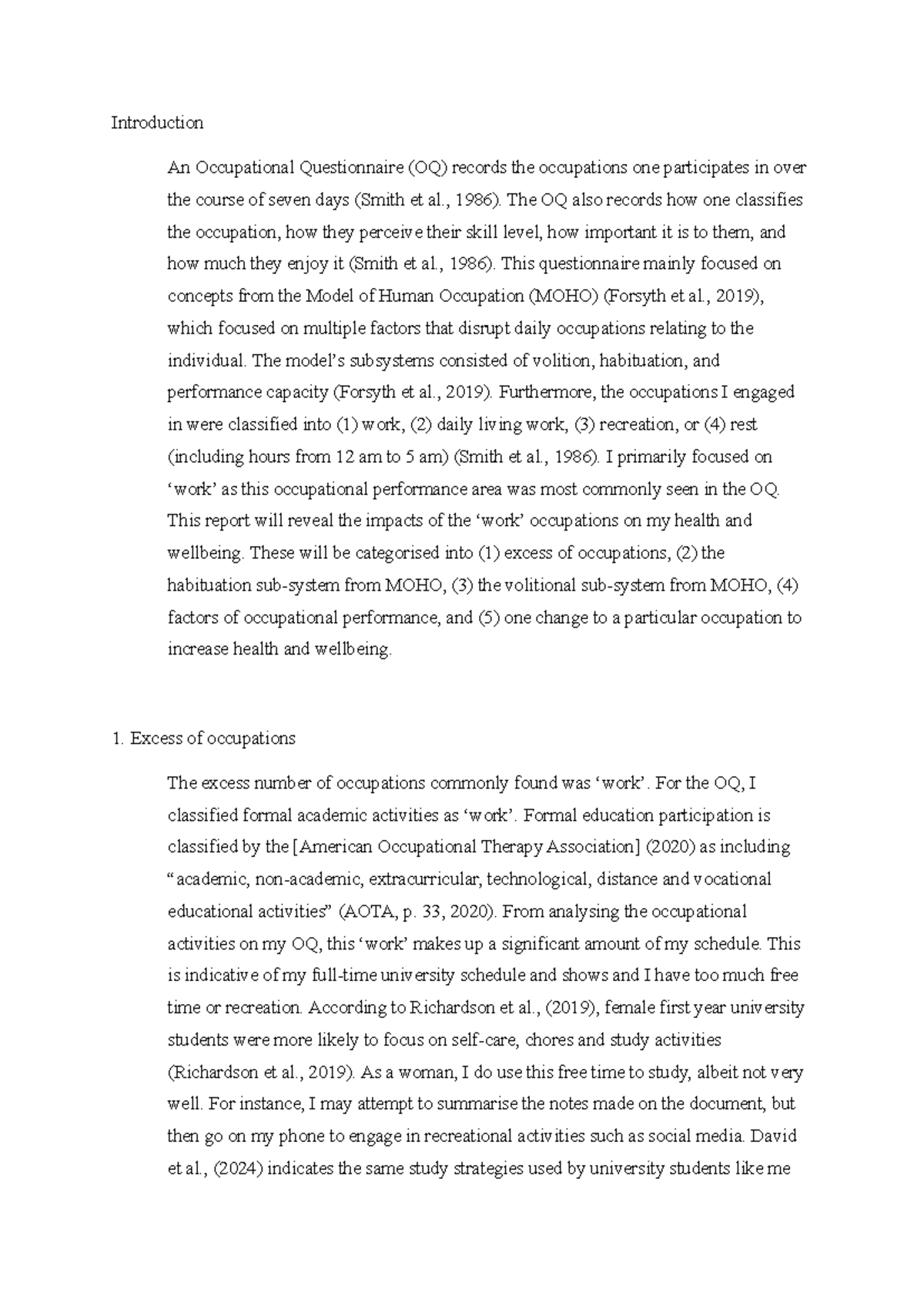 OCT1101 Report 2024 - Introduction An Occupational Questionnaire (OQ ...