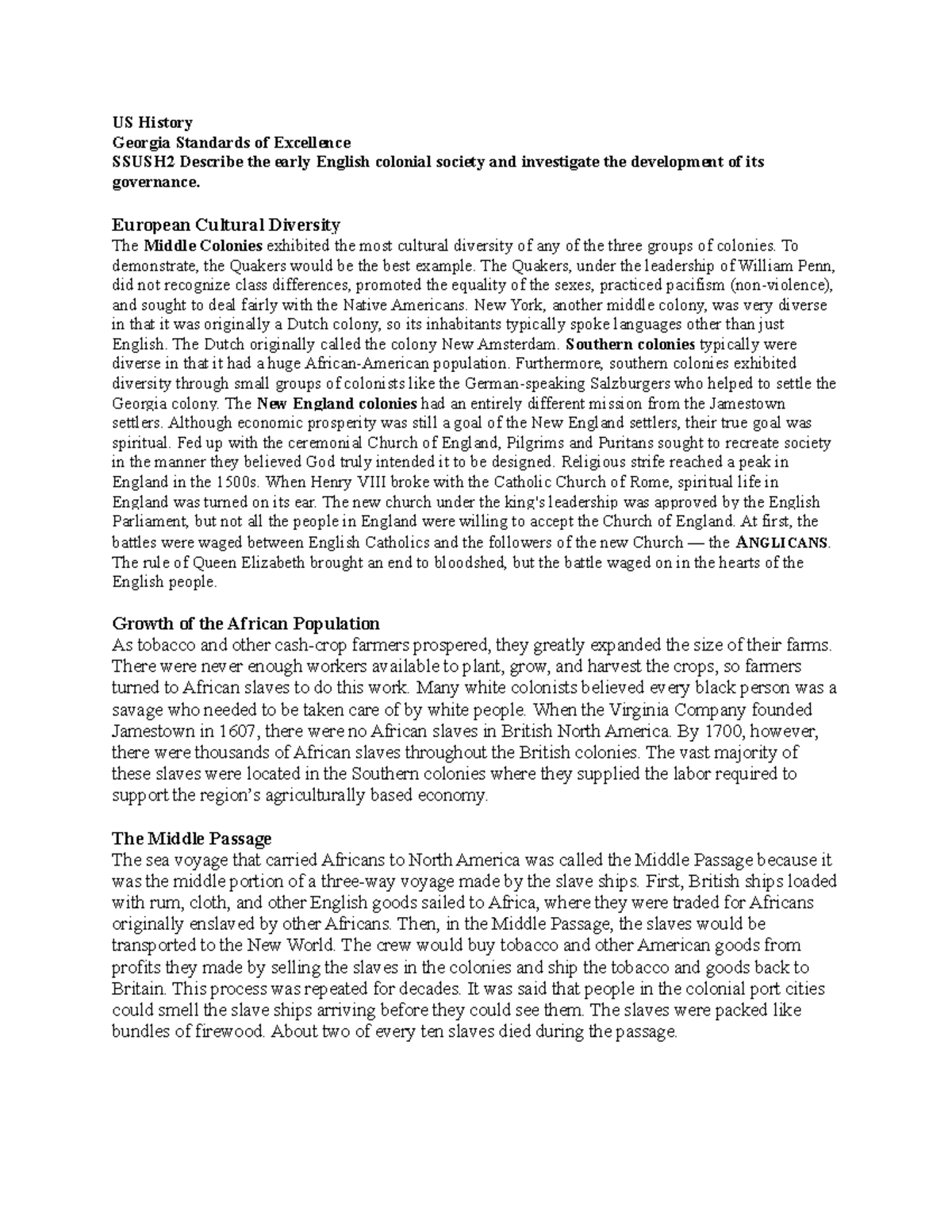 Early English Colonial Society - US History Georgia Standards of ...