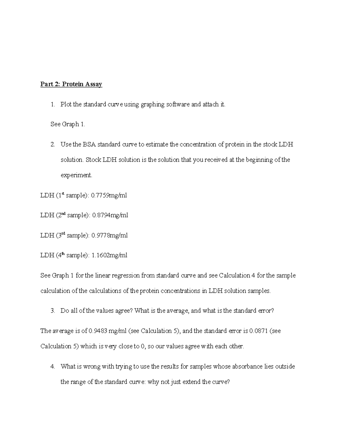 Laboratory report - Part 2: Protein Assay Plot the standard curve using ...