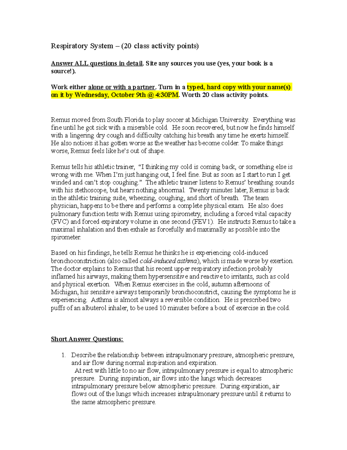 Respiratory Case Study - Respiratory System (20 class activity points ...