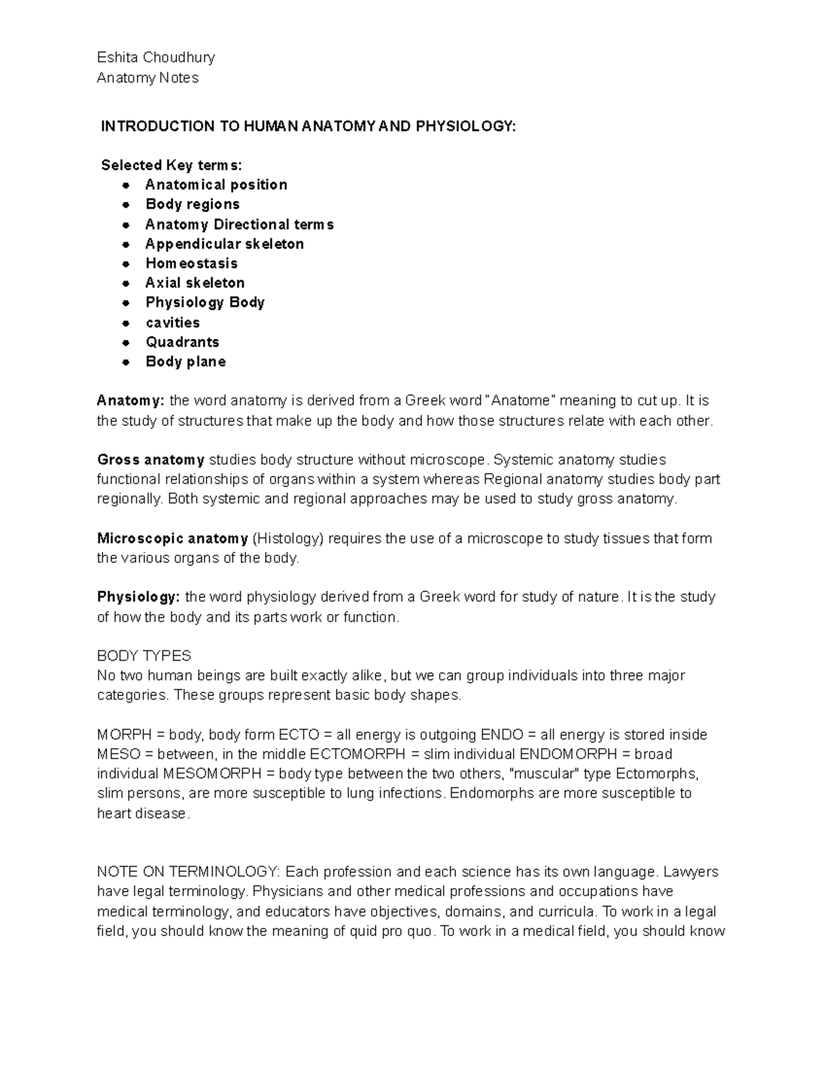 Anatomy AND Physiology Notes Anatomy Notes INTRODUCTION TO HUMAN