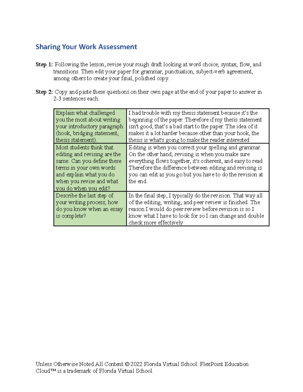 Sharing work assess rubric - Sharing Your Work Assessment Step 1 ...