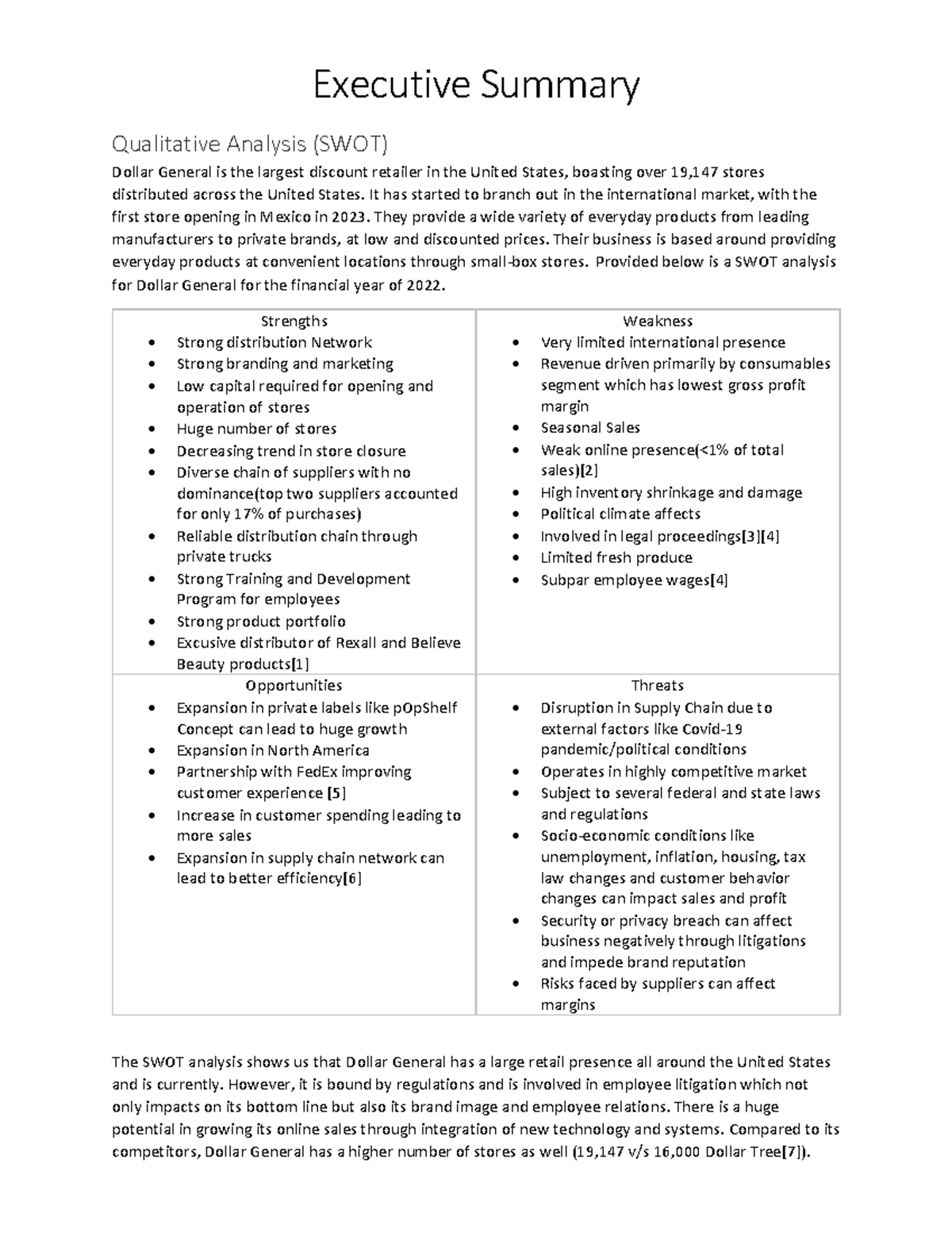 Executive Summary - Executive Summary Qualitative Analysis (SWOT ...