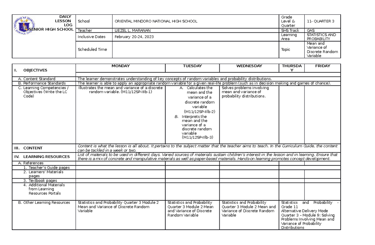 Week 2 DLL-STAT-AND- Probability - DAILY LESSON LOG SENIOR HIGH SCHOOL ...