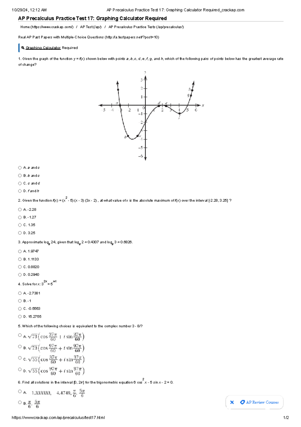 AP Precalculus Practice Test 17 Graphing Calculator Required crackap ...