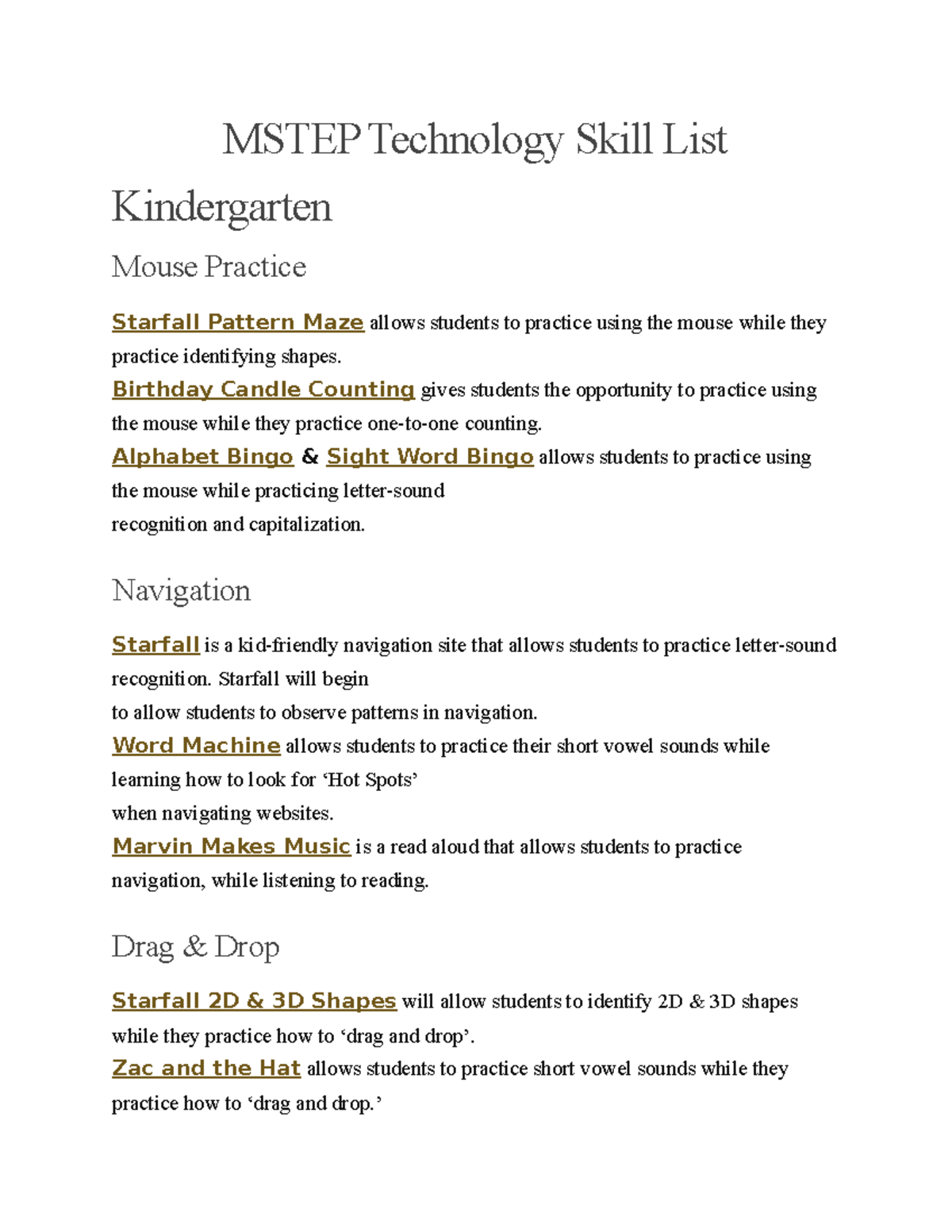 Mstep Technology Skill List - MSTEP Technology Skill List Kindergarten ...