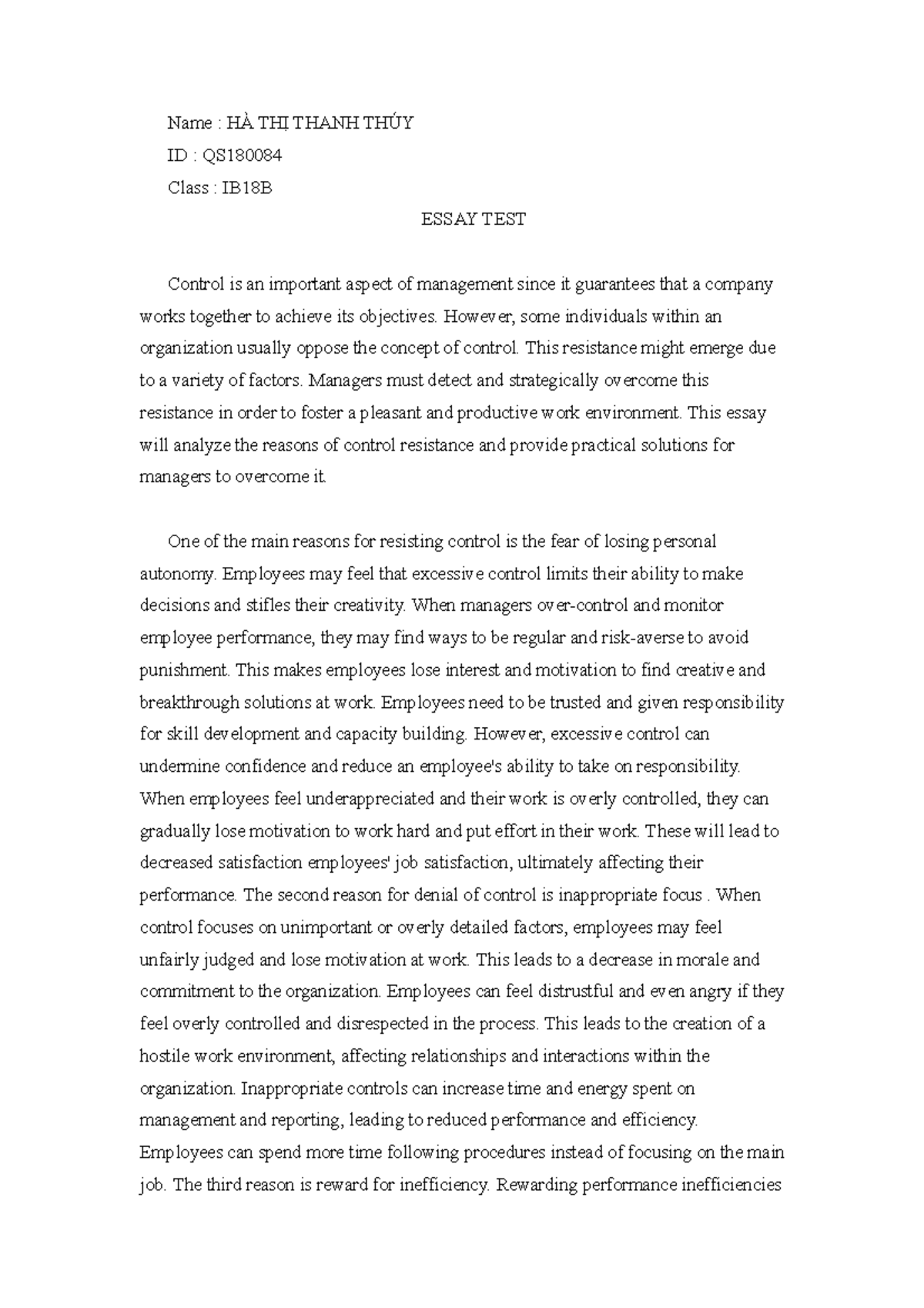 Essay TEST MGT103 - Name : HÀ THỊ THANH THÚY ID : QS Class : IB18B ...
