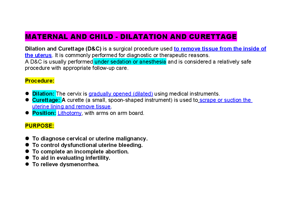 Maternal AND Child - D&C - MATERNAL AND CHILD - DILATATION AND ...