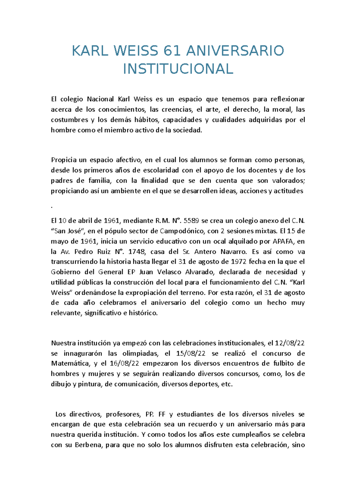 KARL Weiss 61 Aniversario Institucional - KARL WEISS 61 ANIVERSARIO ...