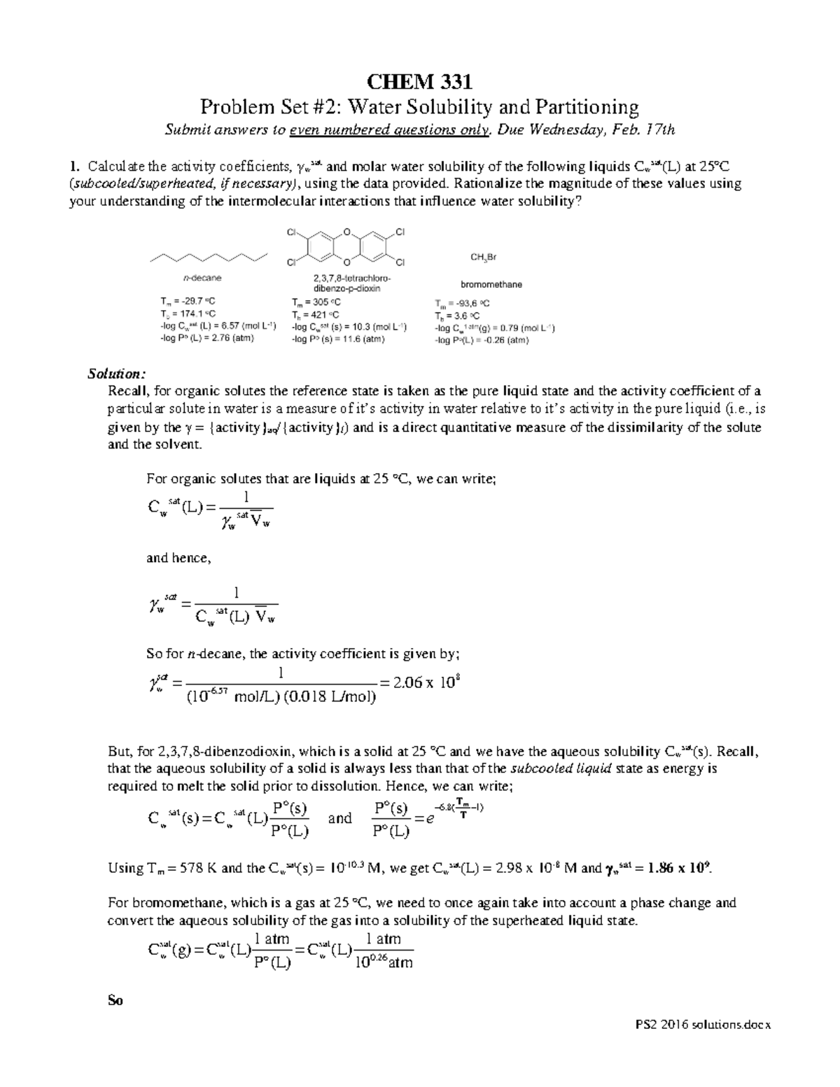 PS2 2016 solutions - CHEM 331 Problem Set #2: Water Solubility and ...