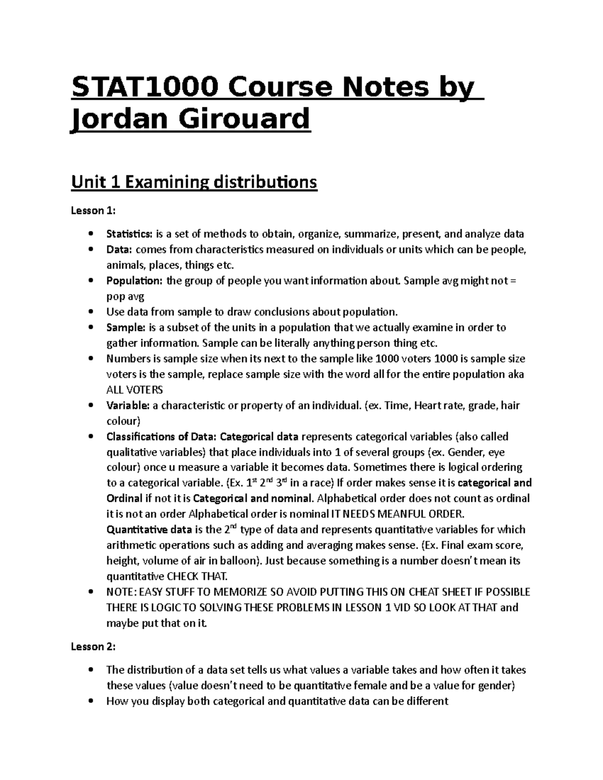 STAT1000 By me has info on all online lectures - STAT1000 Course Notes ...