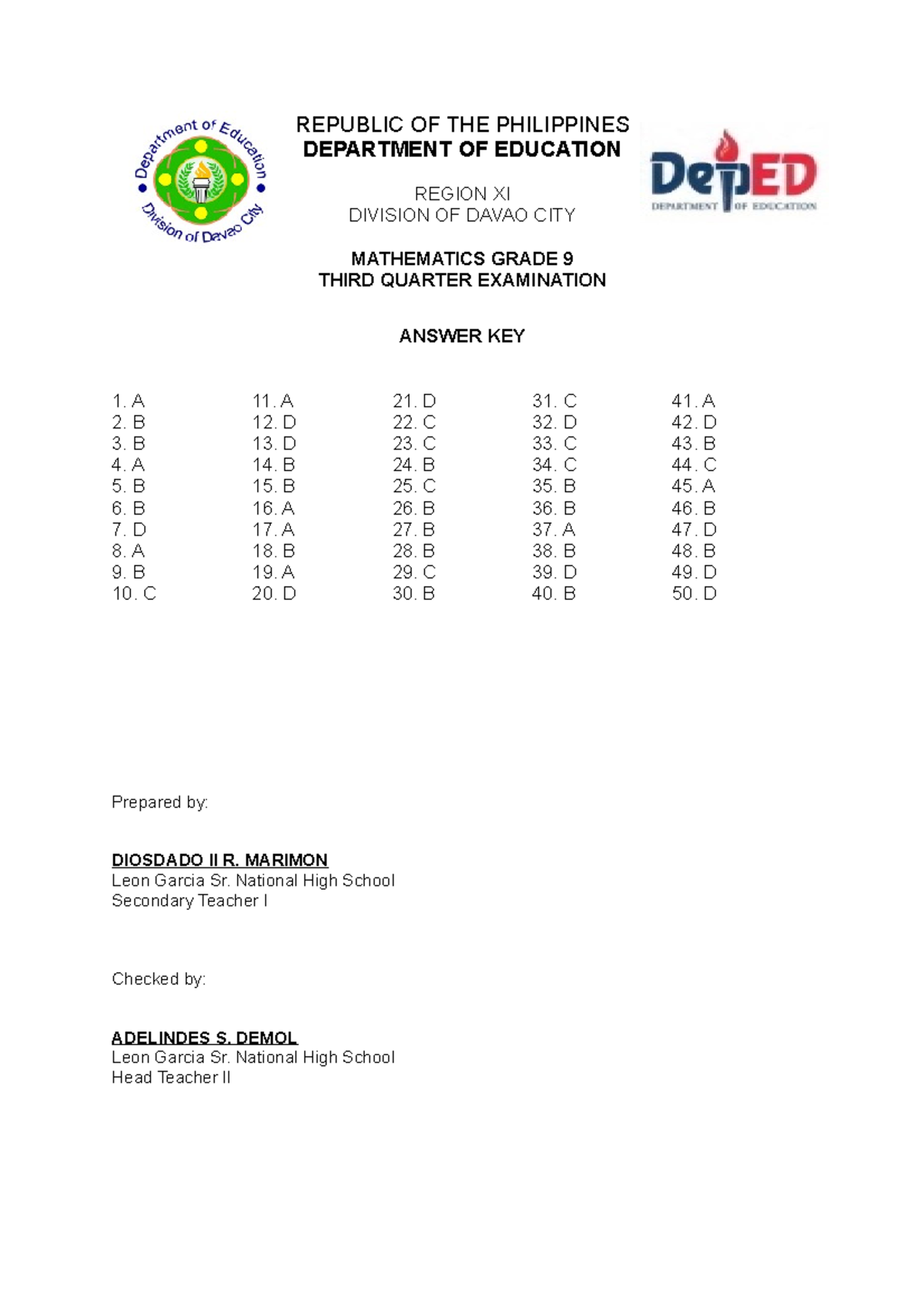 Grade 9 3RD Q Answer KEY - FOR REFERENCE - REPUBLIC OF THE PHILIPPINES ...
