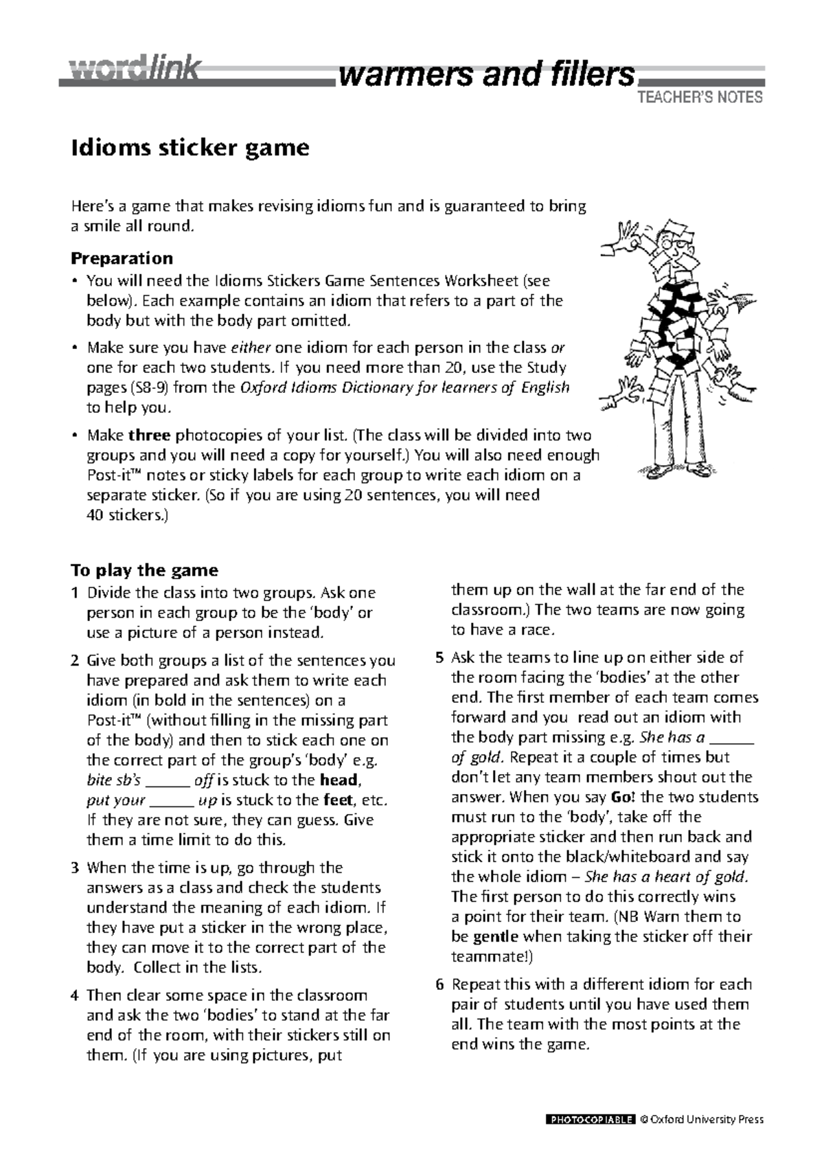 Idioms sticker game - Lesson material - TEACHER’S NOTES warmers and ...