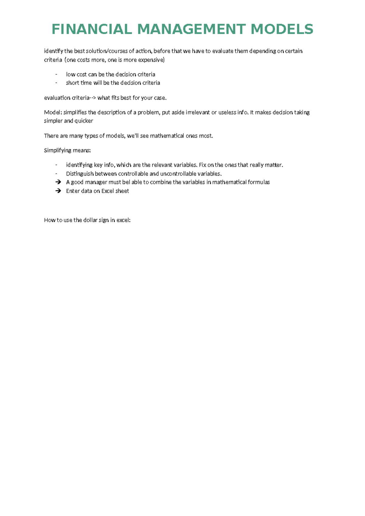 Finmod Notes - lesson 1 - FINANCIAL MANAGEMENT MODELS identify the best ...