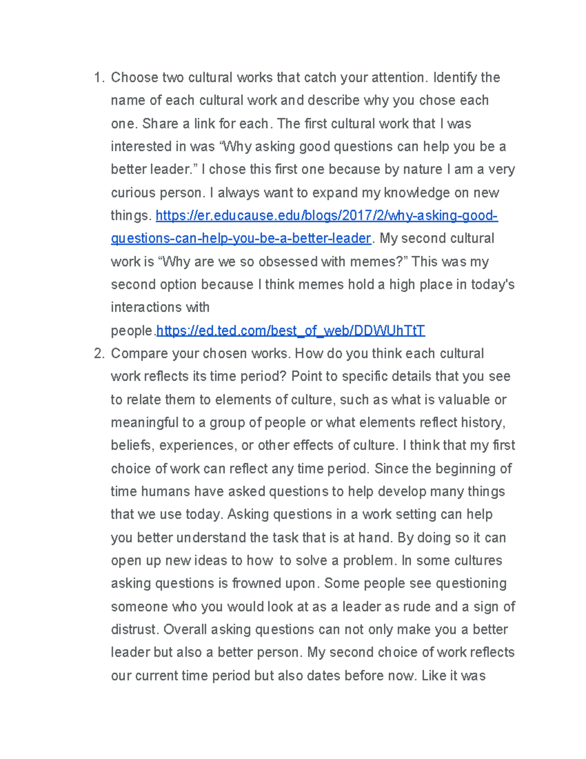 Module 3 HUM - snhu hum' - 1. Choose two cultural works that catch your ...